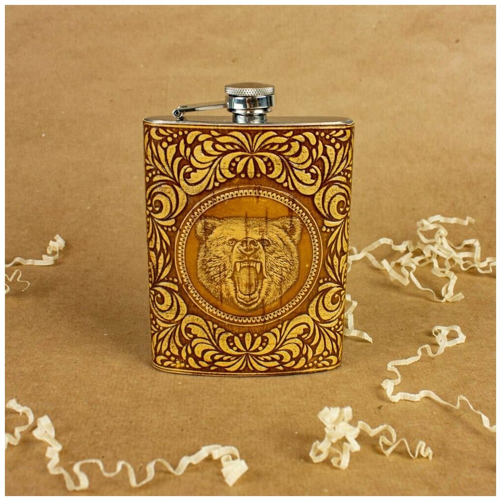 Фляга "Медведь" нержавеющая сталь, берестяное покрытие, 0,24 л