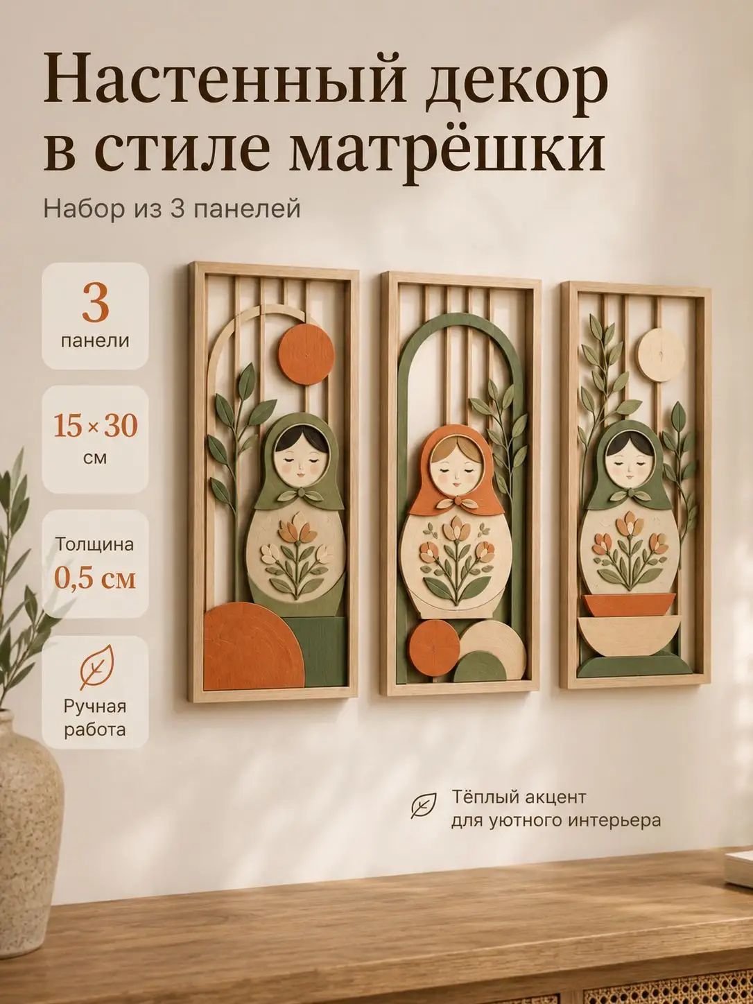 Декор для стен, настенное панно с матрешками из дерева, русская матрёшка, подарок на новоселье