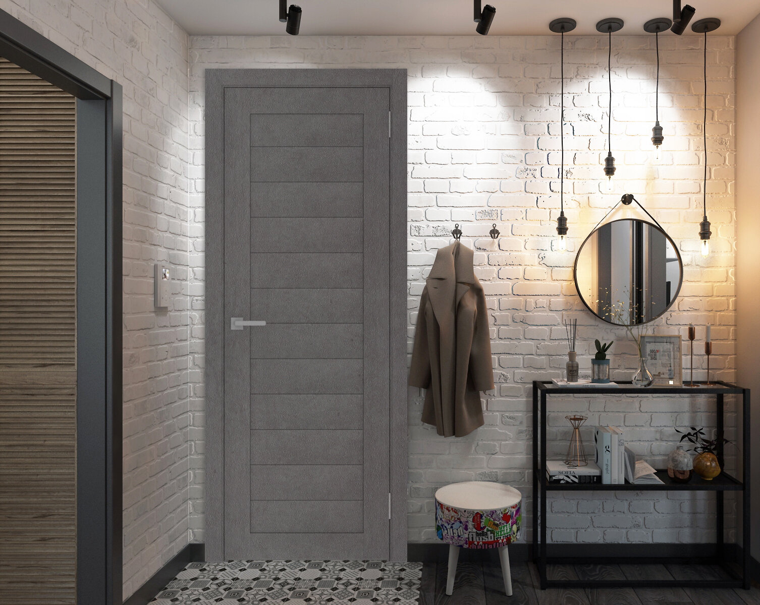 Комплект межкомнатная дверь Рондо глухая, с коробкой и наличником, темный бетон 70х200 см