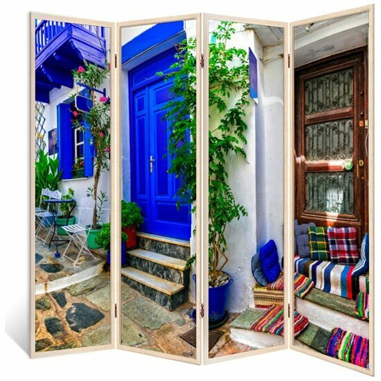 Ширма перегородка Декор Депо для комнаты деревянная "Греческая улочка" двухсторонняя с картинкой (города) 4 створки кремовый дуб 176х185 см 14 кг