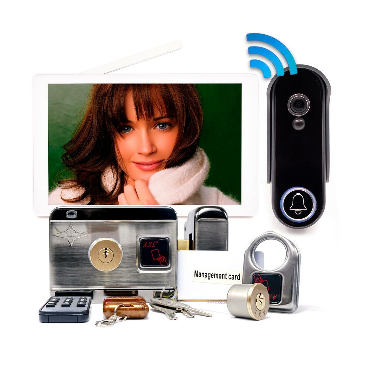 Комплект Wi-Fi видеодомофон TUYA с аккумулятором и электромеханический замок AX066 - СкайНет 1100-Tuya (1+0+AX066)-LCD (N52584BE) и беспроводная акк