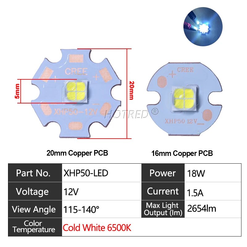 Светодиод XHP50 12V 18W 20mm Cold White 6500K