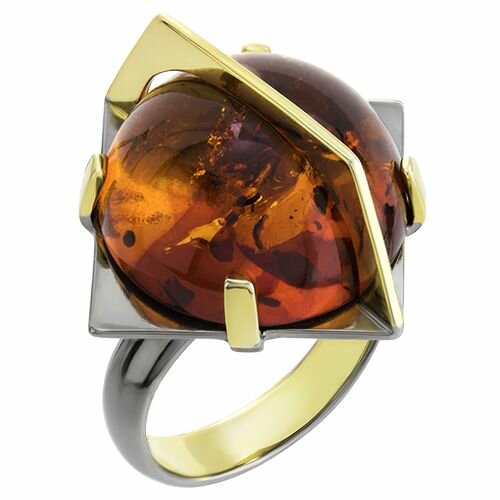 Перстень, серебро, 925 проба, золочение, родирование, янтарь