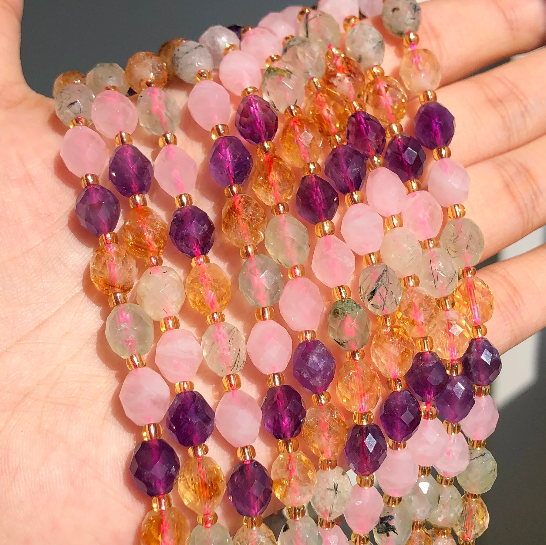 Граненые овальные бусины из апатита, розового кварца, аметиста GMB724 8x7mm 19pcs, mixed quartz