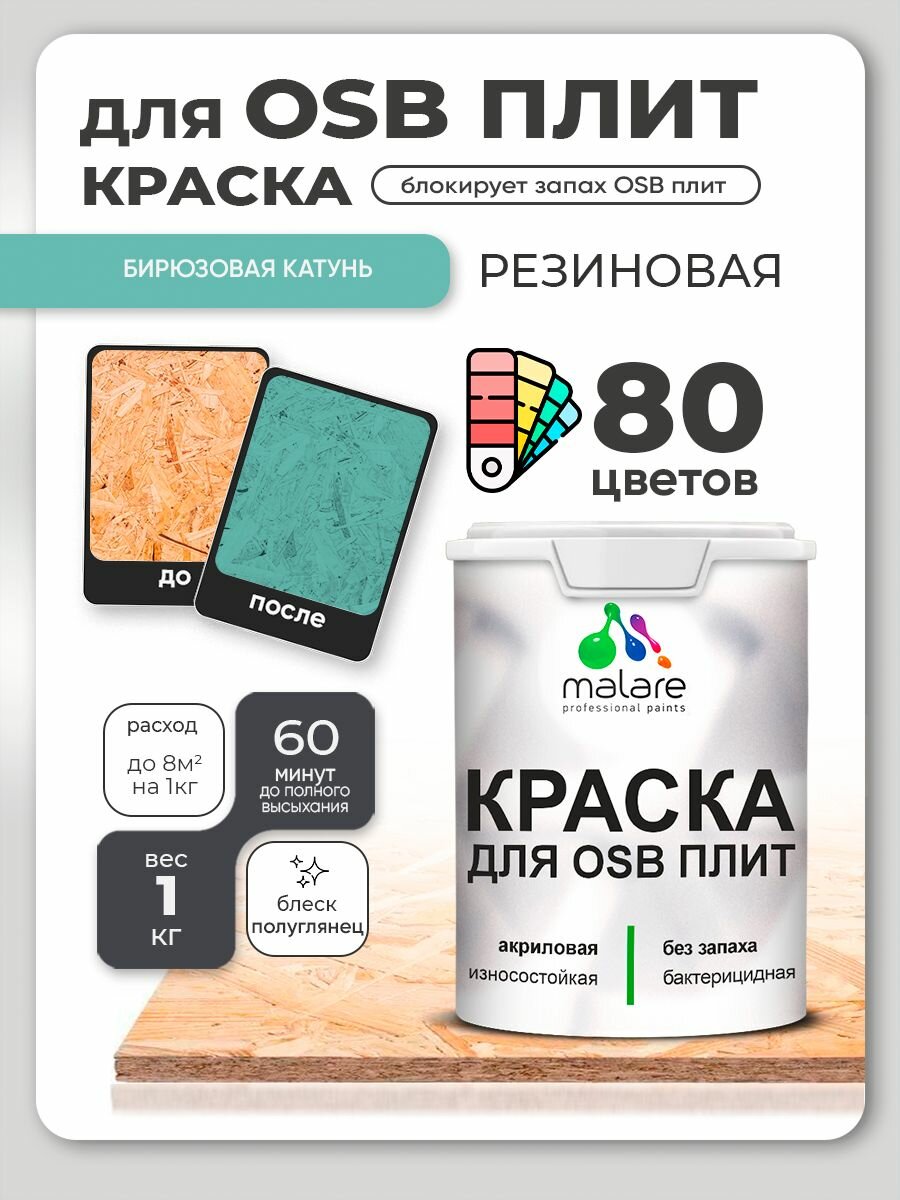 Резиновая краска для ОСБ плит Malare акриловая краска для дерева для наружных и внутренних работ, быстросохнущая без запаха полуглянцевая, бирюзовая катунь, 1 кг