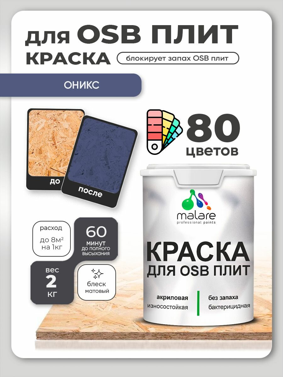 Акриловая краска для ОСБ плит Malare для дерева для наружных и внутренних работ, быстросохнущая без запаха матовая, оникс, 2 кг