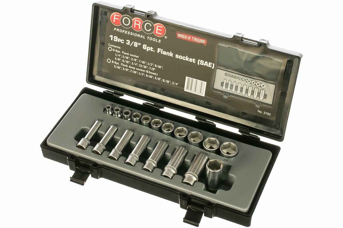 FORCE Набор торцевых головок 3/8"DR 6-гранных дюймовых 1/4-7/8" и 5/16-3/4" (L=63 мм) 19 пр. F-3193