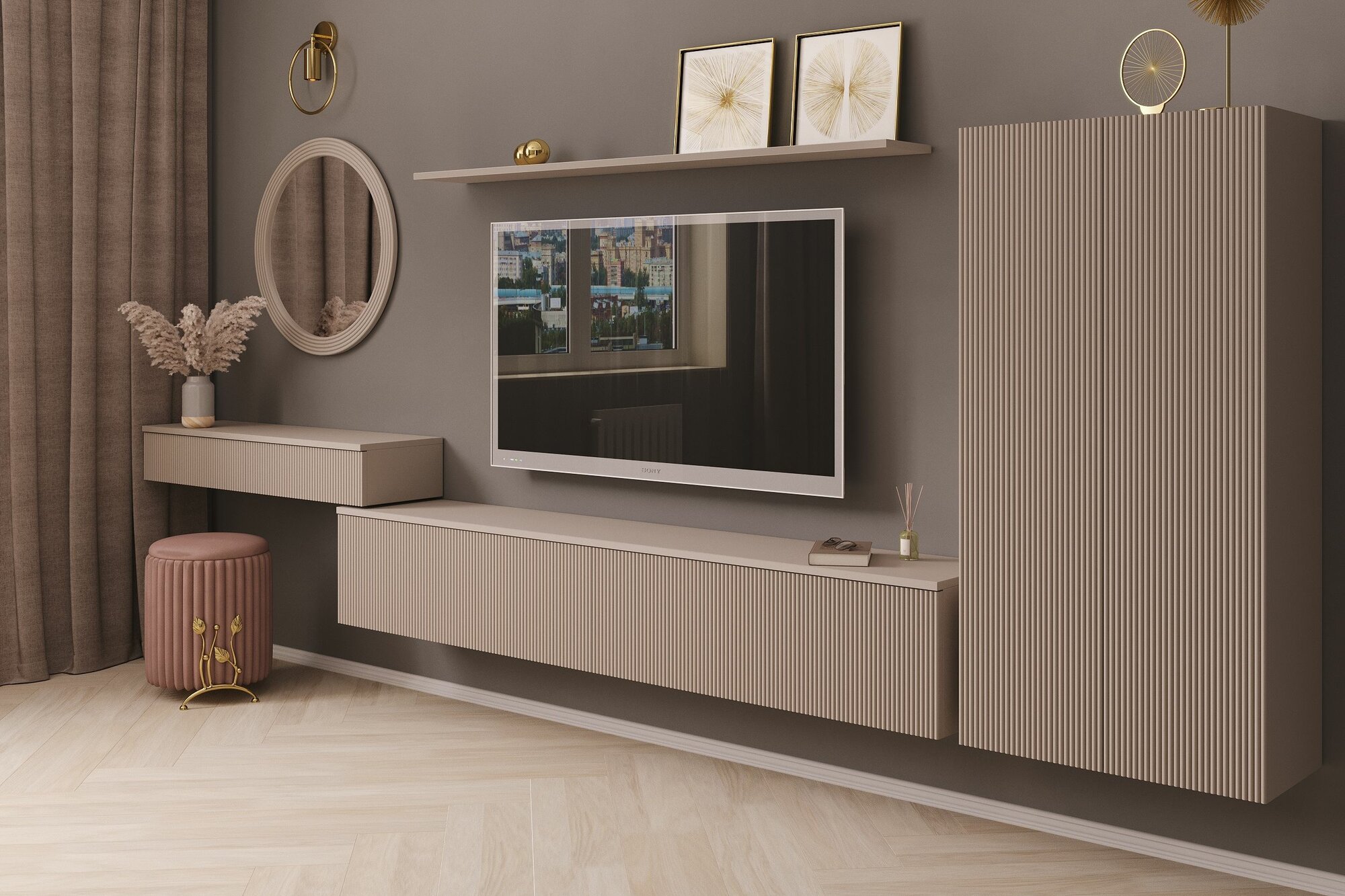 Тумба под ТВ "Мечтай!" Дождь Ш2391хВ341хГ319 кашемир подвесная c пушами