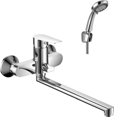Смеситель с длинным изливом для ванны Rossinka S S35-33 с душевым гарнитуром, поворотный, латунный, хром, глянцевый, смеситель для ванны с душем, рычажный, с настенным держателем