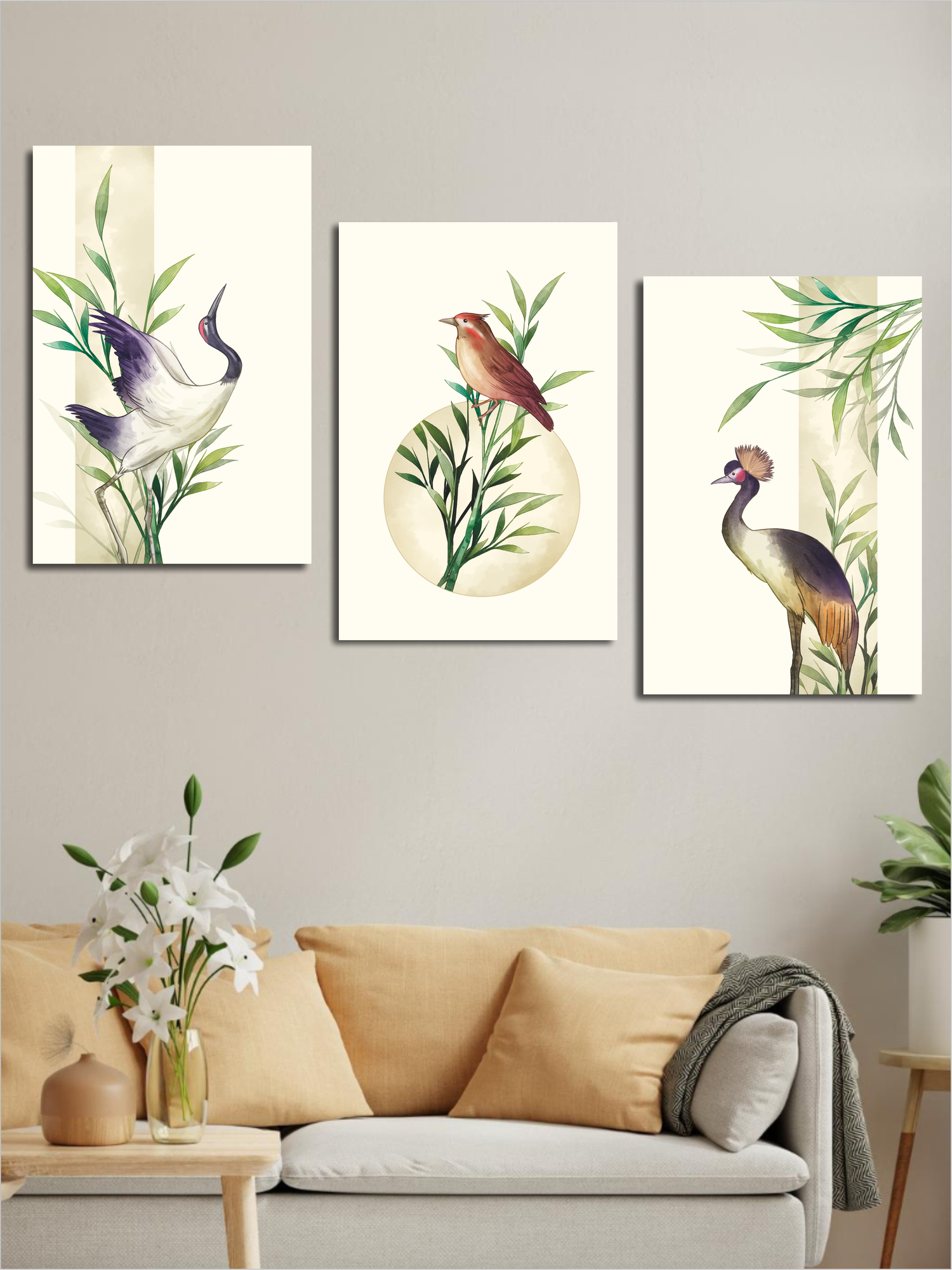 Модульная картина для интерьера на стену минимализм. Журавли в зеленых листьях и птичка на ветке 40х60 см - 3 штуки на холсте на подрамнике