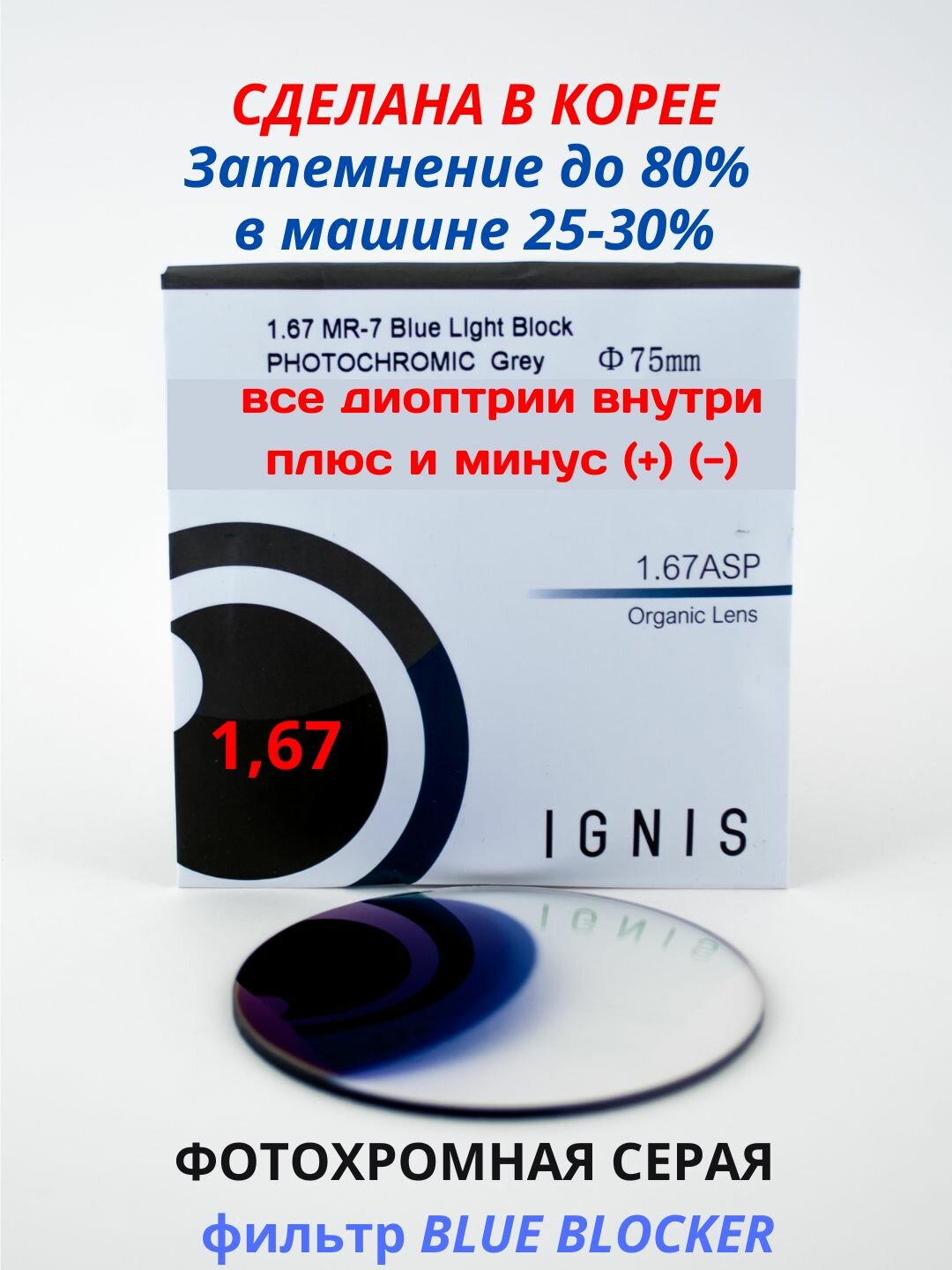 Линза для очков, сфера -3.00 BLUE LIGHT BLOCKER PHOTO фотохром серый затемнение 80-90% индекс 1.67