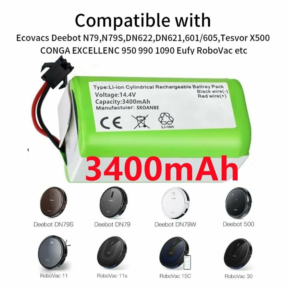 SKOANBE 3400mAh Аккумулятор для робот пылесоса INR18650 M26-4S1P, Mamibot EXVAC660, DEXP MMB-300, Fusion 150, Neatsvor X500 (3400mAh, 14.8V)