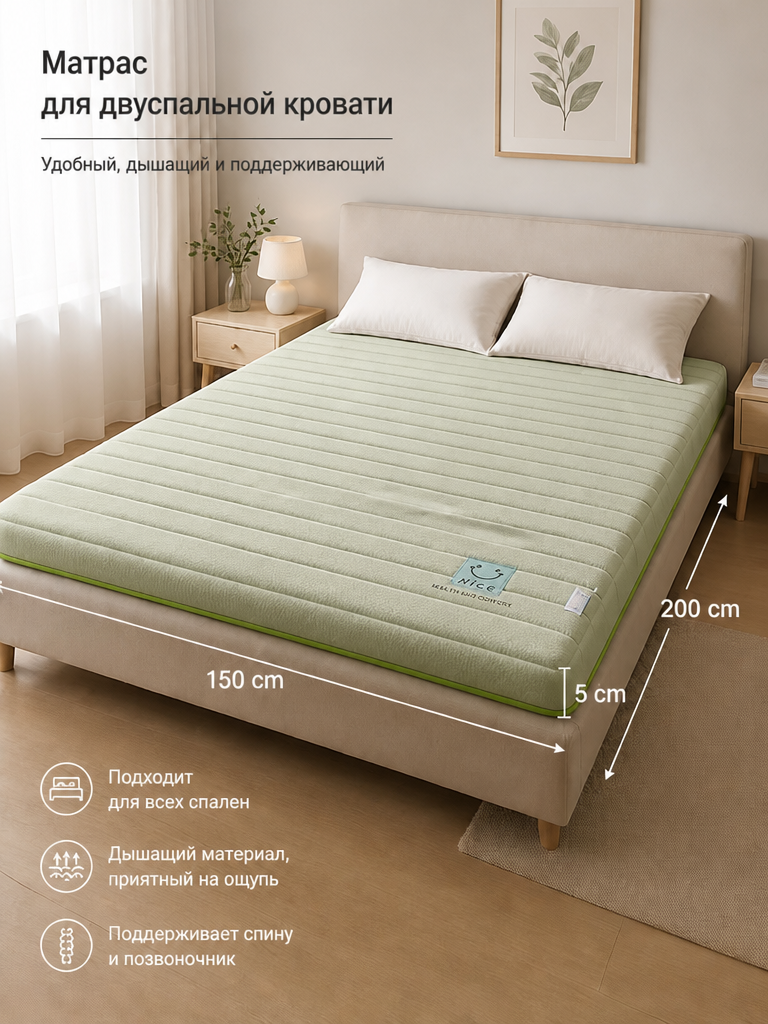Двуспальный матрас-топпер для кровати и пола, зелёный, 150×200 см, 5 см