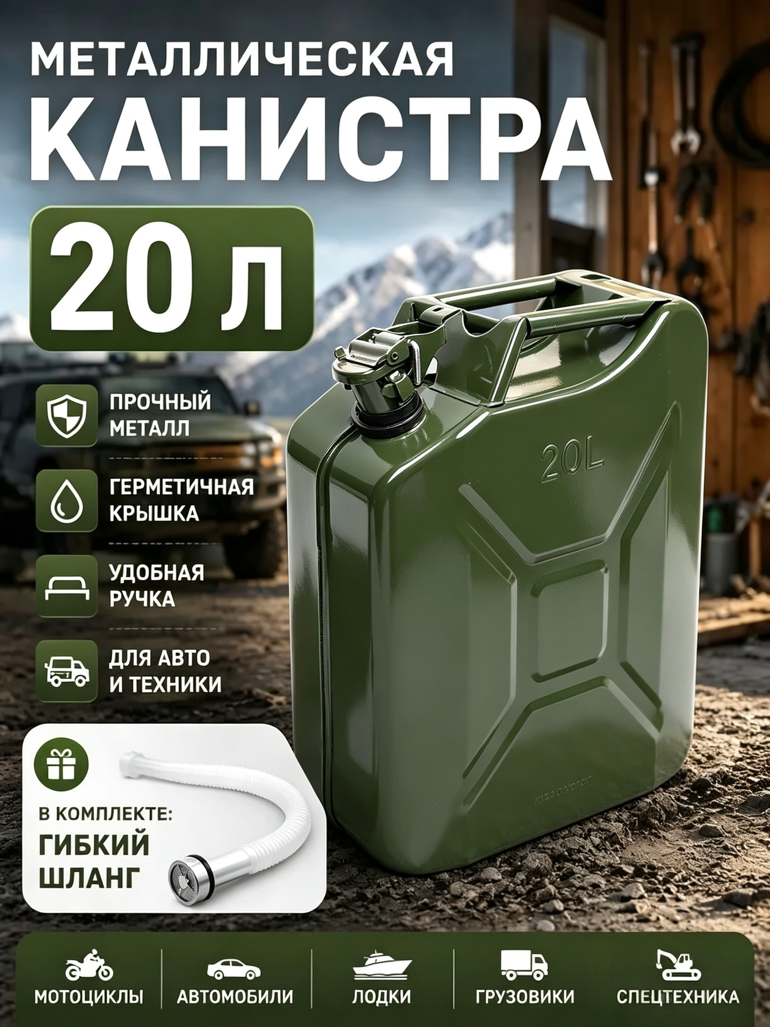 Канистра топливная металл, алюминиевая крышка, антипротечка, вентиль, гибкий шланг, запас топлива для легковых машин