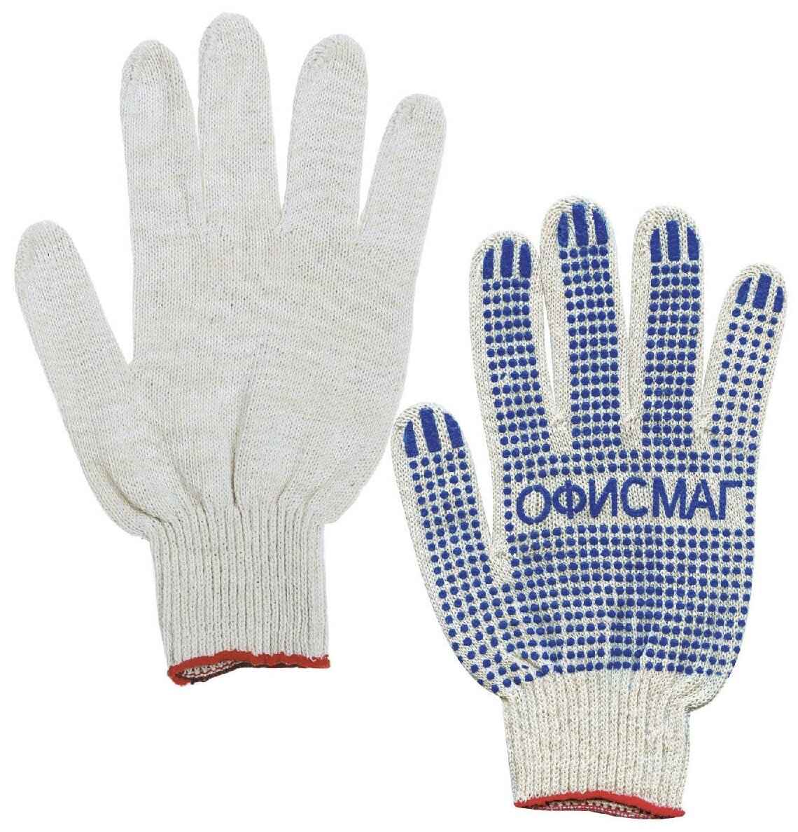 Перчатки хлопчатобумажные, комплект 50 ПАР, 10 класс, 32-34 г, 83 текс, ПВХ точка, офисмаг, белые, 605503