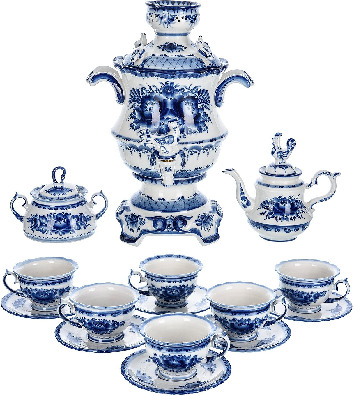 Самовар электрический 2 л с сервизом на 6 персон "Утреннее чаепитие". Гжель