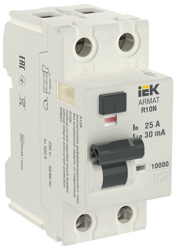 Выключатель дифференциального тока (УЗО) 2п 25А 30мА тип A ВДТ R10N ARMAT IEK AR-R10N-2-025A030