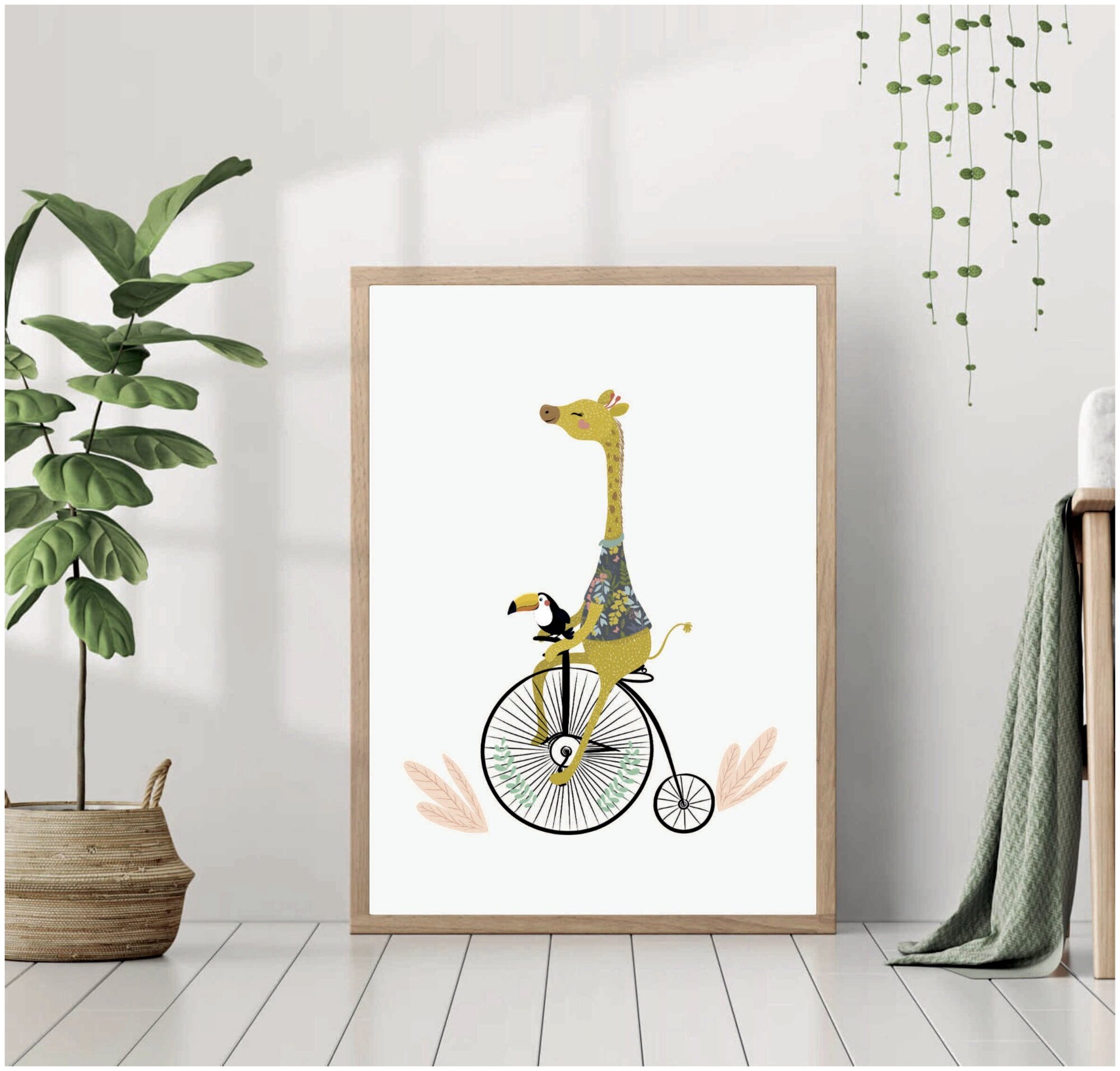 Постер "Жираф на велосипеде для детской" 50x70 без рамки на стену для интерьера