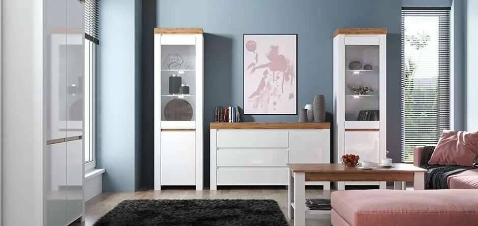 Витрина-Шкаф для гостиной Модерн М3 цвет Белый глянец / Дуб