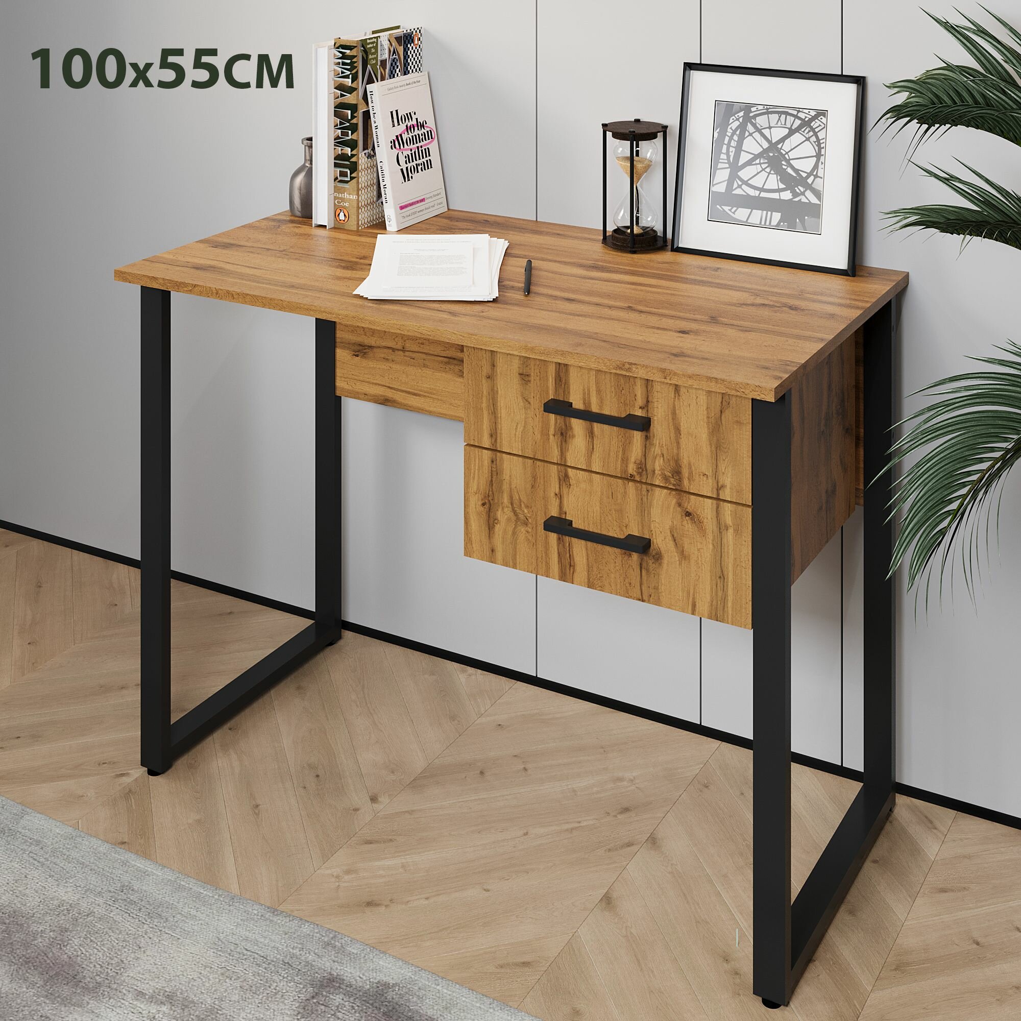 Стол Лофт, металлические ножки, 100х55, с ящиками, цвет дуб вотан