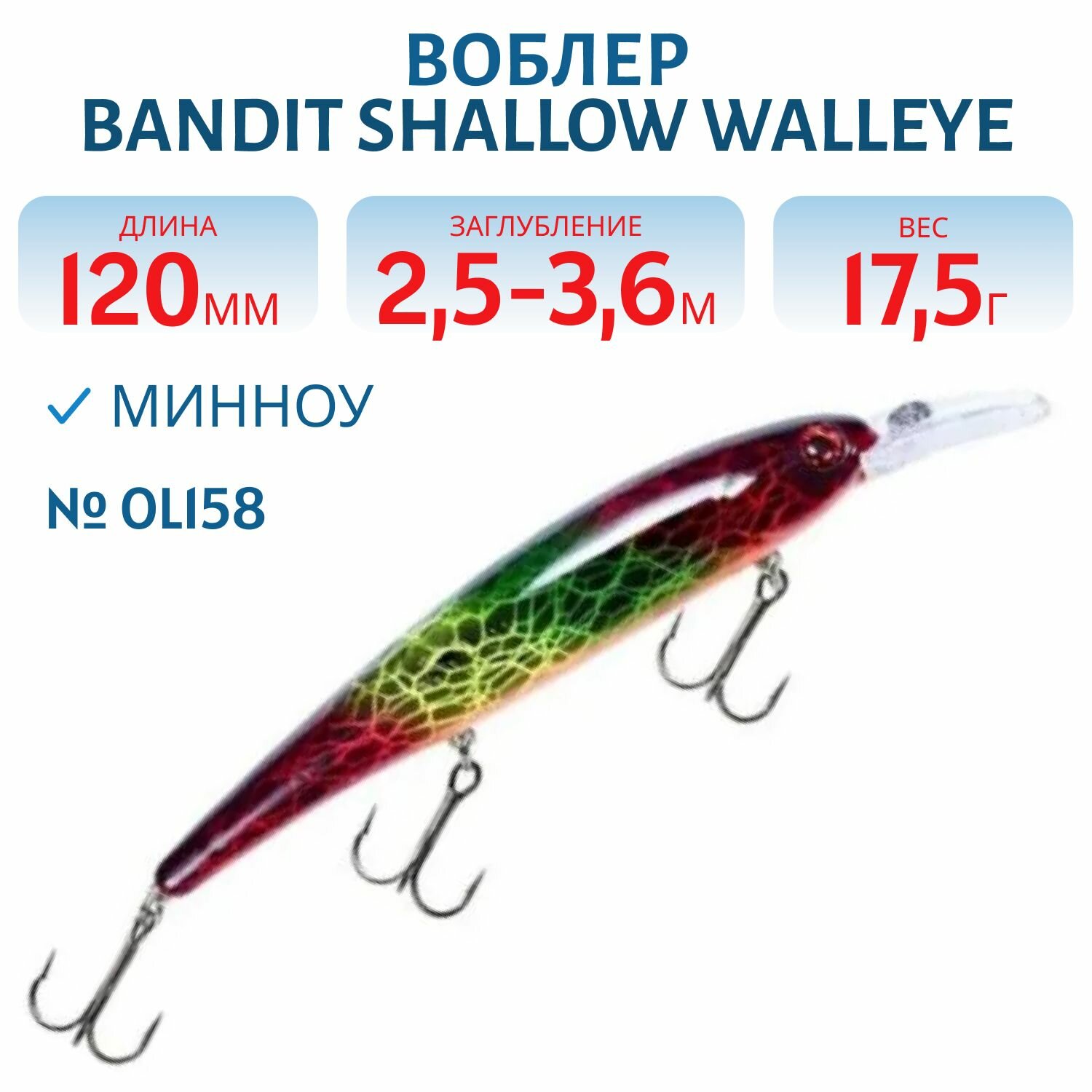 Воблер BANDIT SHALLOW WALLEYE, 120 мм, 17,5 гр, цвет OL158