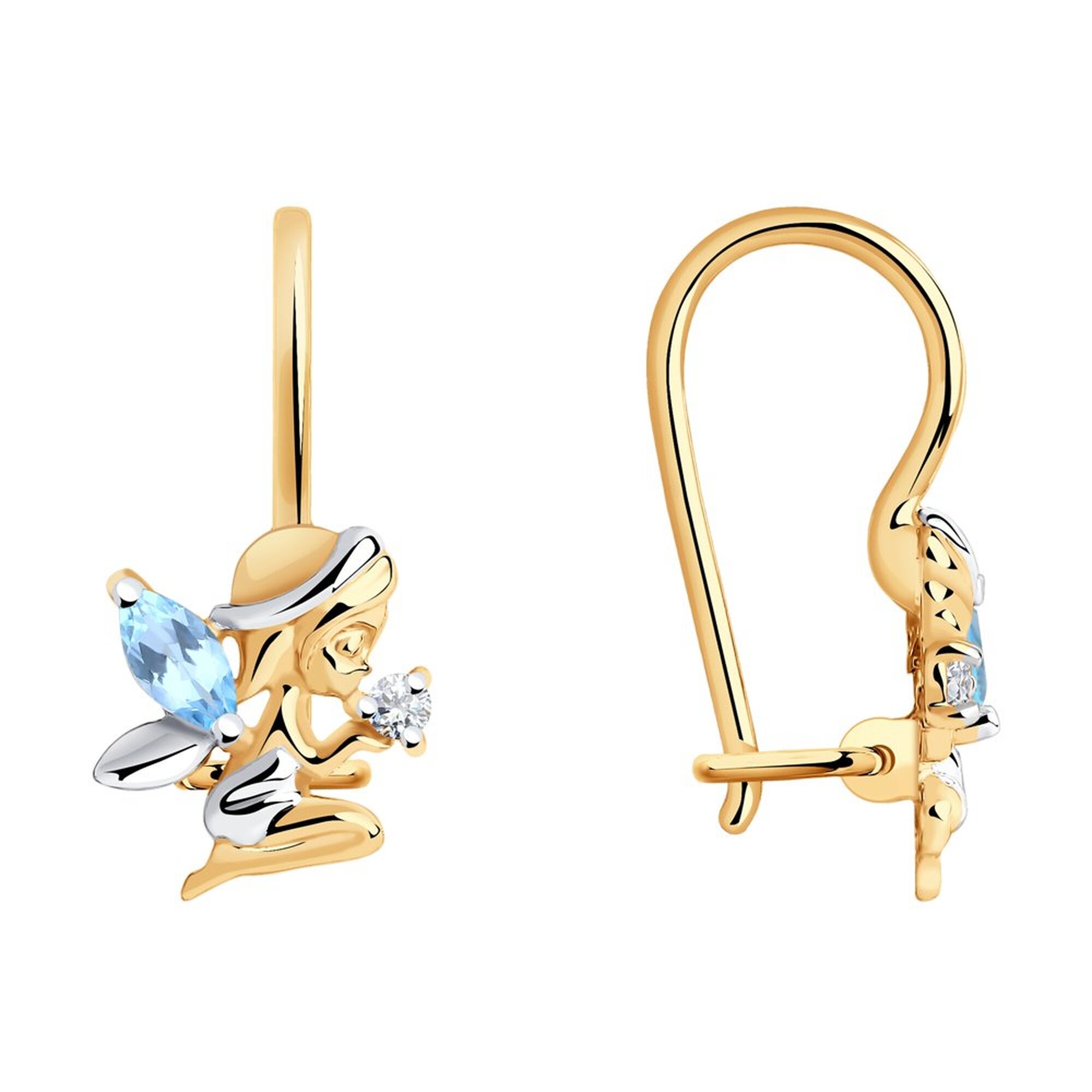 Серьги, красное золото, 585 проба, фианит, топаз