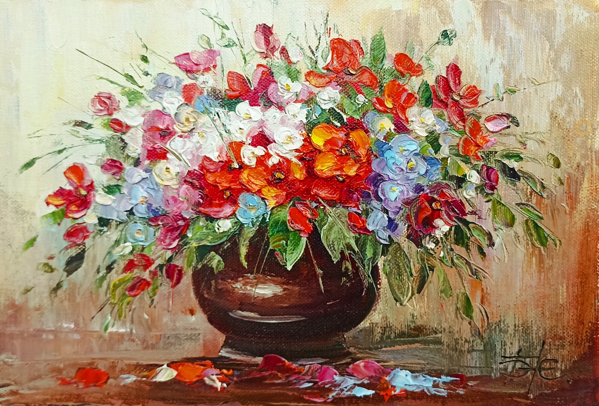 Импрессионизм. 100 ручная работа, 100% живопись от Художественной мастерской Грëзы. Летний букет полевых цветов в коричневой вазе. Картина маслом на холсте написана в импрессионистском стиле. 20х30 см.