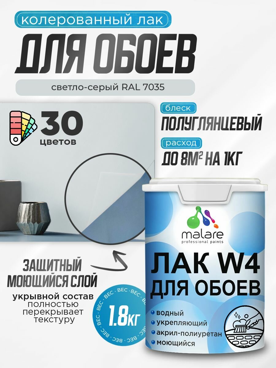 Лак колерованный укрывной для защиты обоев Malare W4 универсальный для дерева и минеральных поверхностей, водный без запаха быстросохнущий, полуглянцевый RAL 7035 светло-серый, 1.8 кг.
