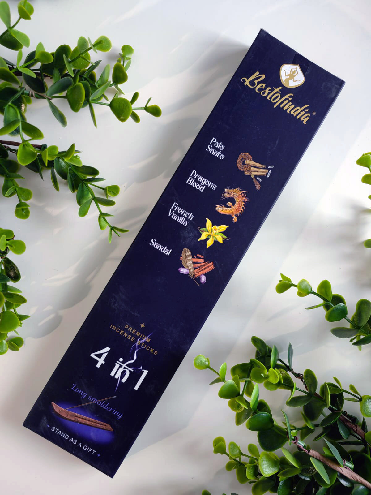 4 IN 1: Palo Santo, Dragons Blood, French Vanilla, Sandal, Bestofindia (4 В 1: Пало Санто, Кровь Дракона, Французская Ваниль, Сандал, премиум благовония, Бэстофиндия), 70 г. (20 палочек + подставка в подарок)