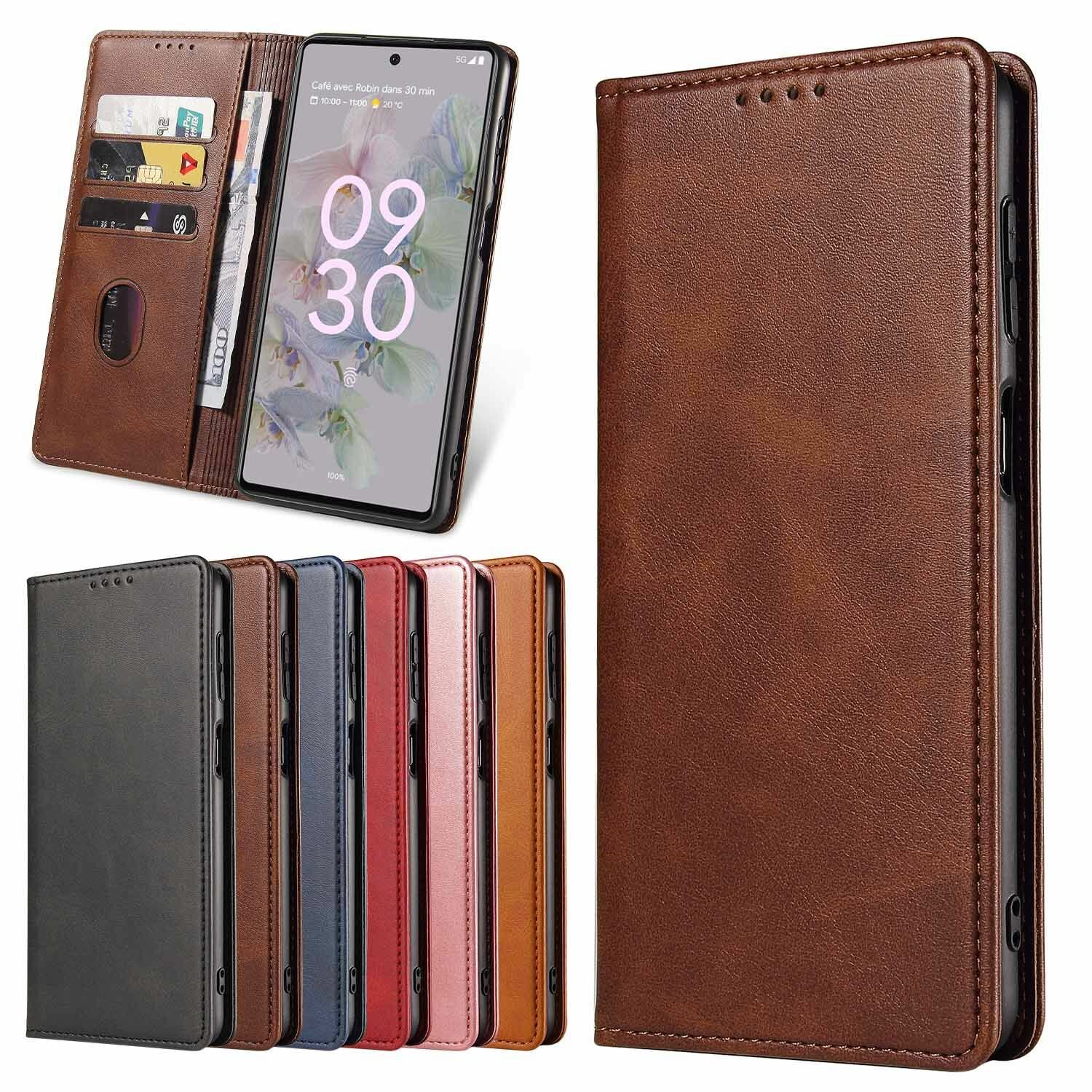 Кожаный чехол-книжка для Google Pixel 6A (Гугл Пиксель 6A ), магнитный, с отделениями для карт и кошельком, высокое качество