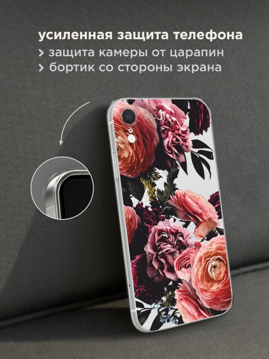 Чехол на Apple iPhone XR / Айфон XR с принтом "Бордовые винтажные цветы", прозрачный — фото 1