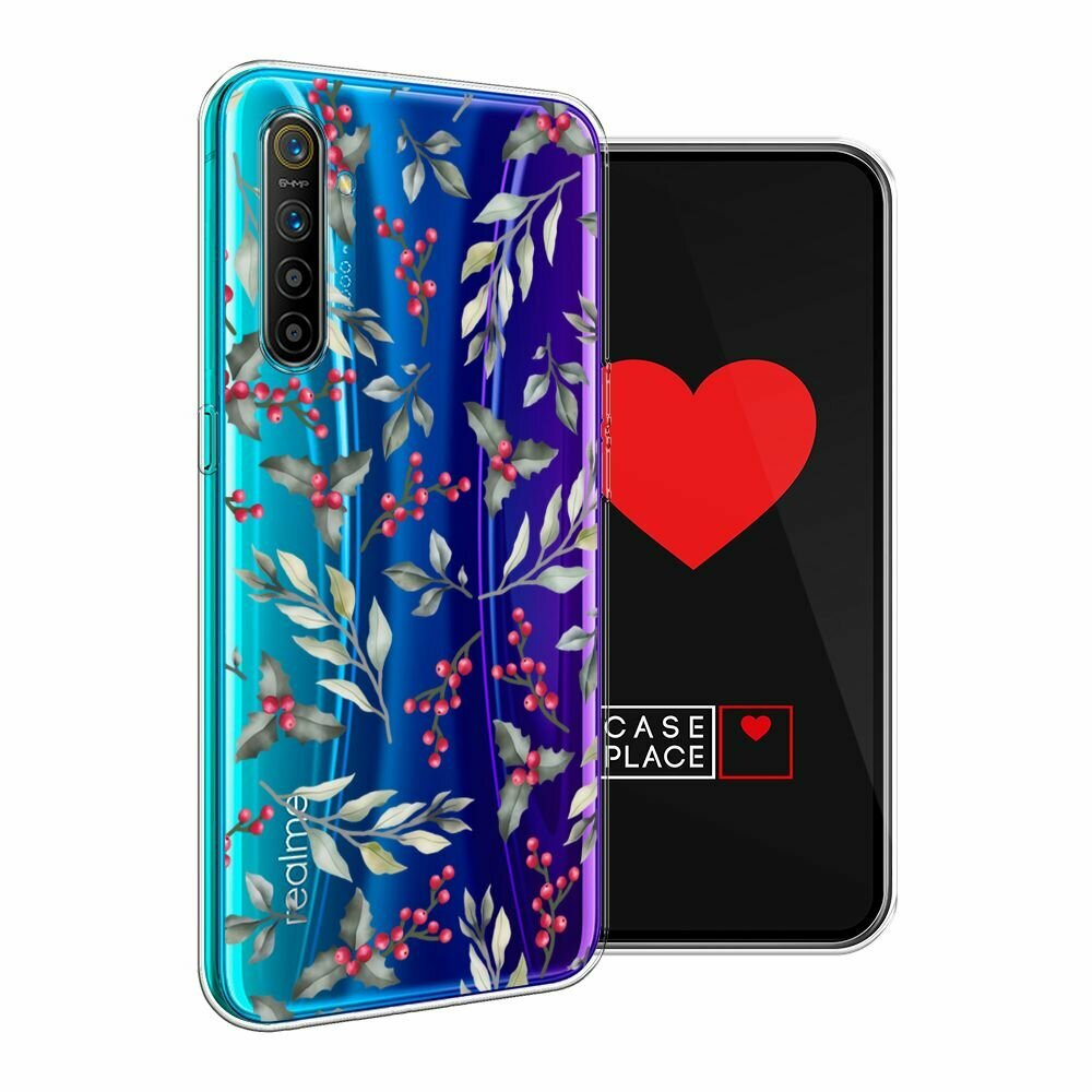 Чехол на Realme XT / Реалми XT с принтом Зимние ягоды паттерн, прозрачный — фото 1