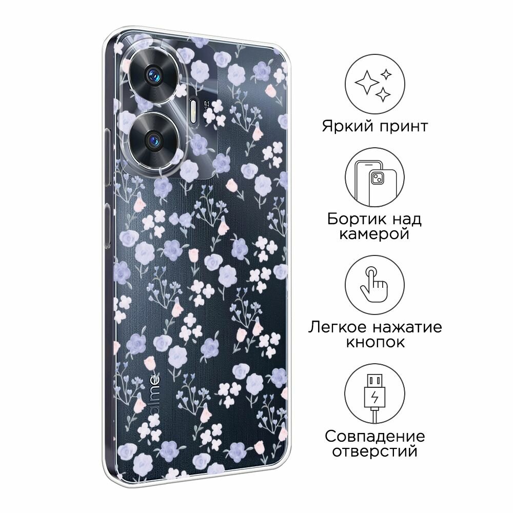 Чехол на Realme C55 / Реалми C55 с принтом "Сиреневые розы паттерн", прозрачный — фото 1