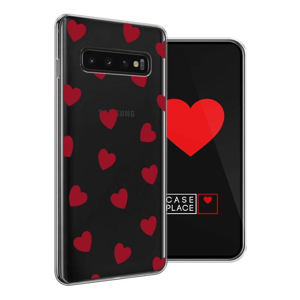 Чехол на Samsung Galaxy S10 / Самсунг Галакси S10 с принтом "Бордовые сердечки паттерн - 14 февраля", прозрачный — фото 1