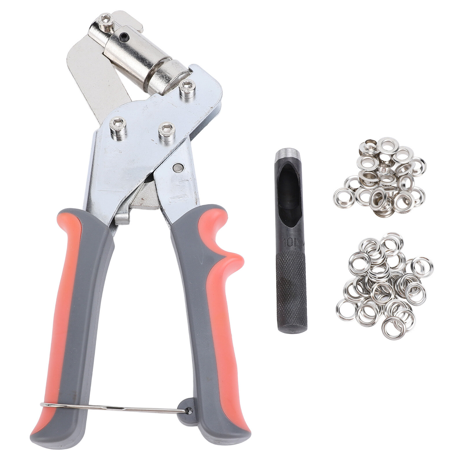 Набор для установки люверсов 3/8 дюйма (10.5 мм): ручной пробойник-пресс оранжево-серого цвета с 500 серебристыми люверсами (клепками).