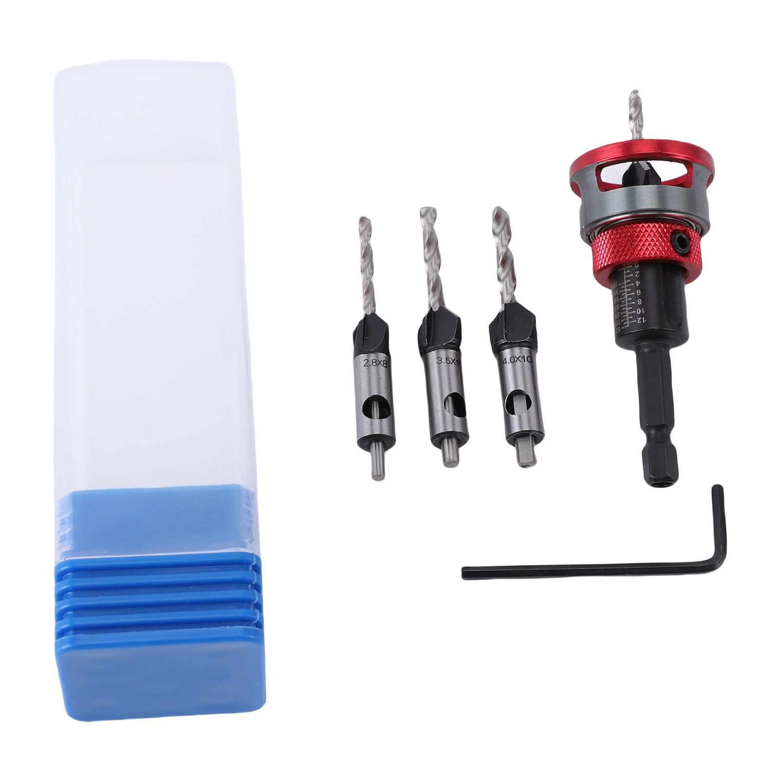 4-лезвийная зенковка с функцией ограничения контакта с деревом. Набор сверл с зенковкой с регулируемой глубиной для скрытия винтов, красный