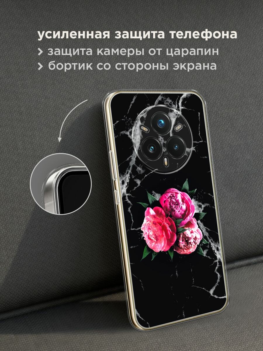 Чехол на Realme 14 Pro+ / Реалми 14 Про+ с принтом "Букет на черном мраморе" — фото 1