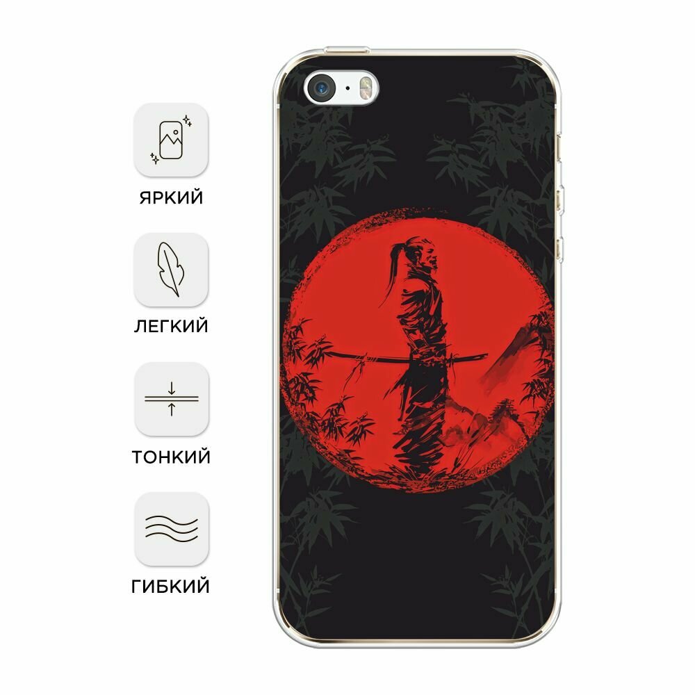 Чехол на Apple iPhone 5/5S/SE / Айфон 5/5S/SE с принтом "Самурай на красном фоне" — фото 1