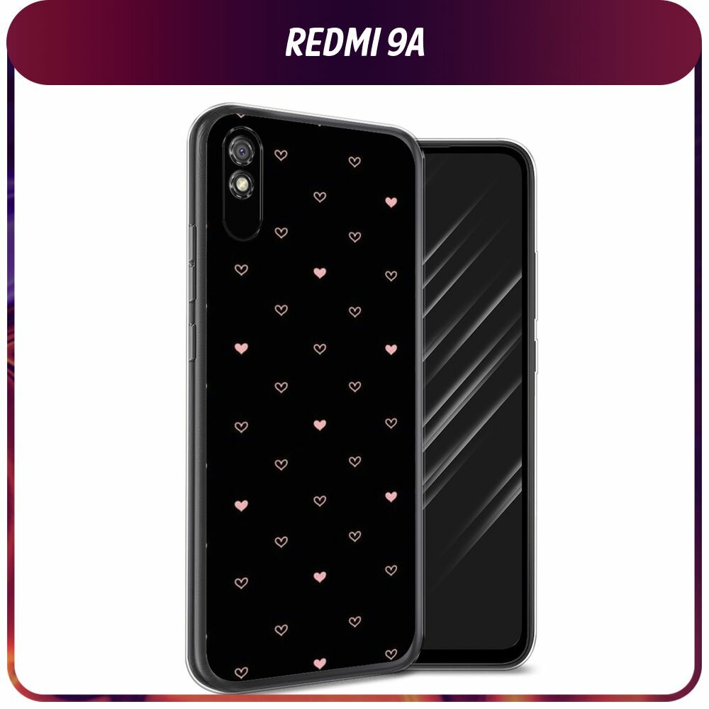Чехол на Xiaomi Redmi 9A / Сяоми Редми 9А с принтом "Черный фон и сердечки"