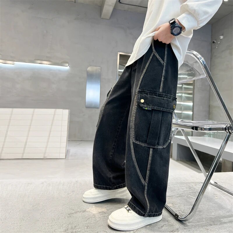 RONG CH Винтажные широкие карго-джинсы для детей высокоходные чёрно-синие брюки 4-14 лет