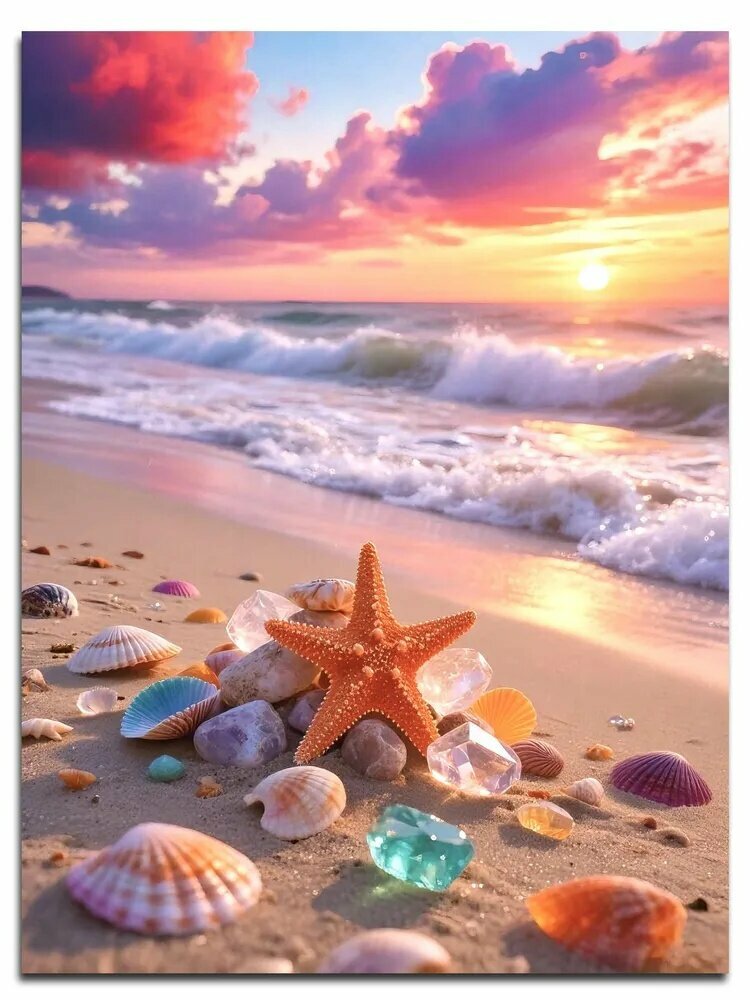 Алмазная мозаика / Круглая картина стразами Полная выкладка 30х40 см размер холста, 25х35 см размер картины(без подрамника, без рамки) алмазная мозаика пляж