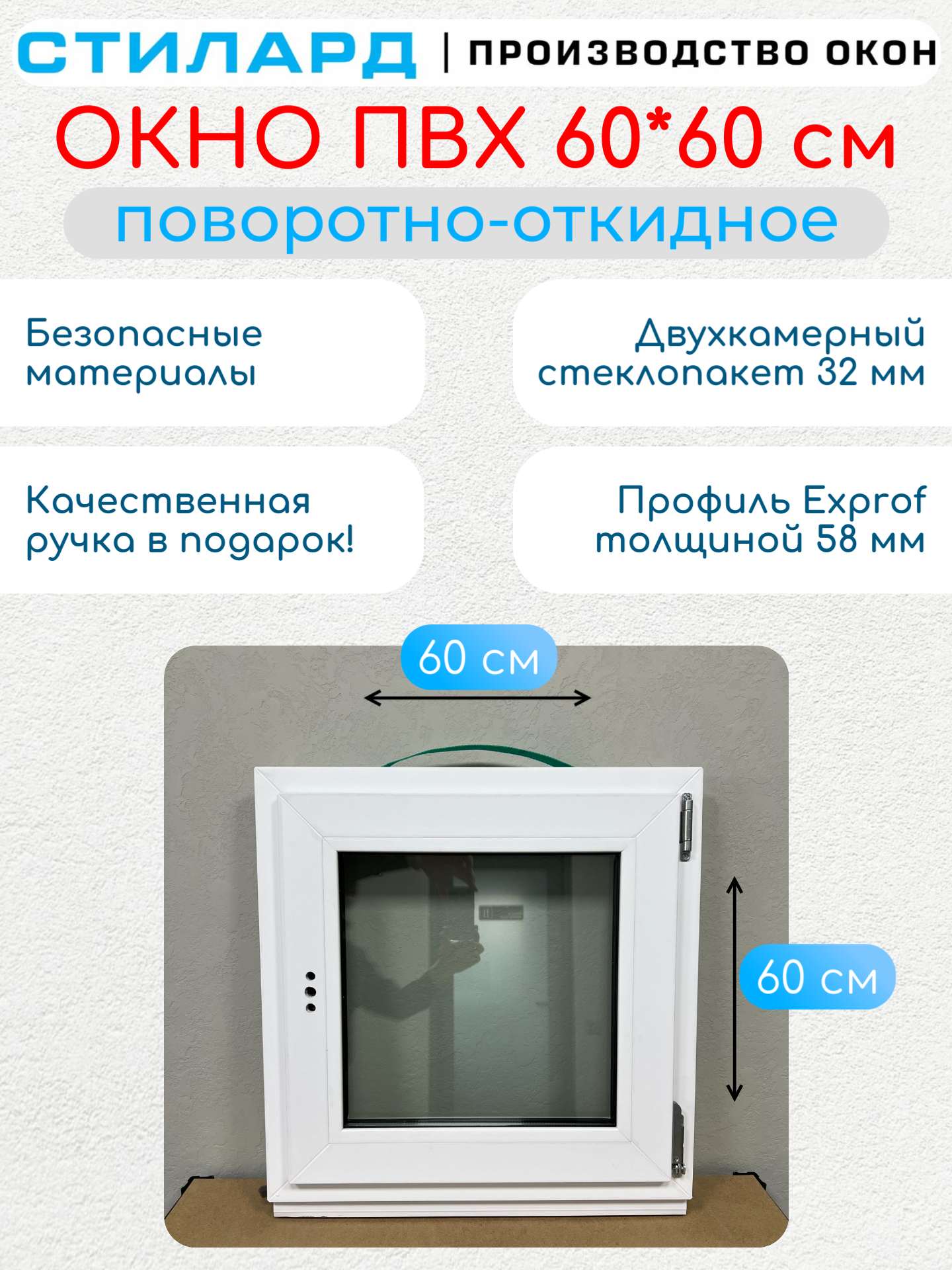 Пластиковое окно ПВХ, 60х60 см, поворотно-откидное, двухкамерный стеклопакет, трехкамерный профиль шириной 58 мм, белое