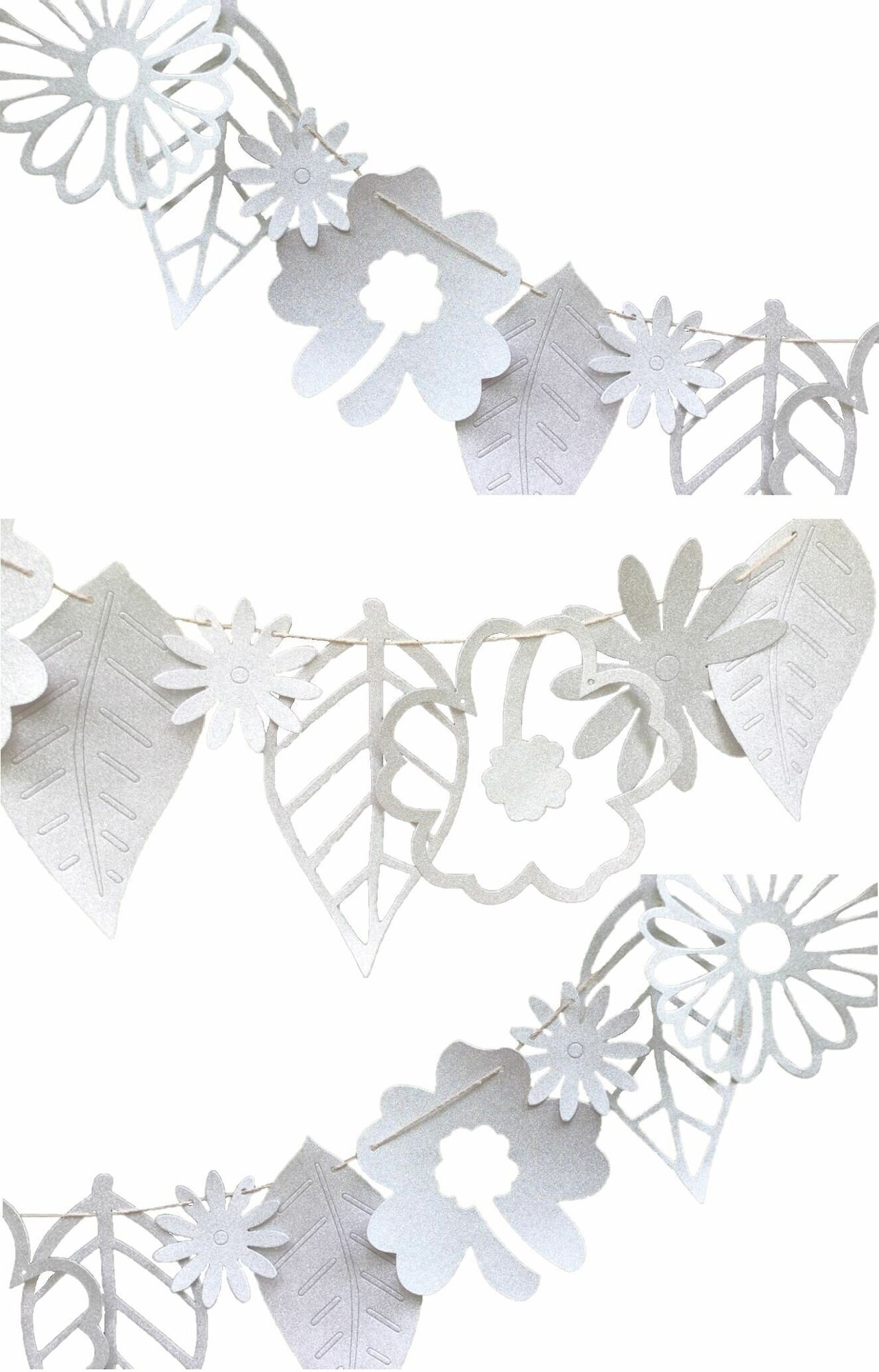 Набор ТРИ комплекта декоративных украшений Цветы и листья бумажные с блестками, цвет серебристый
