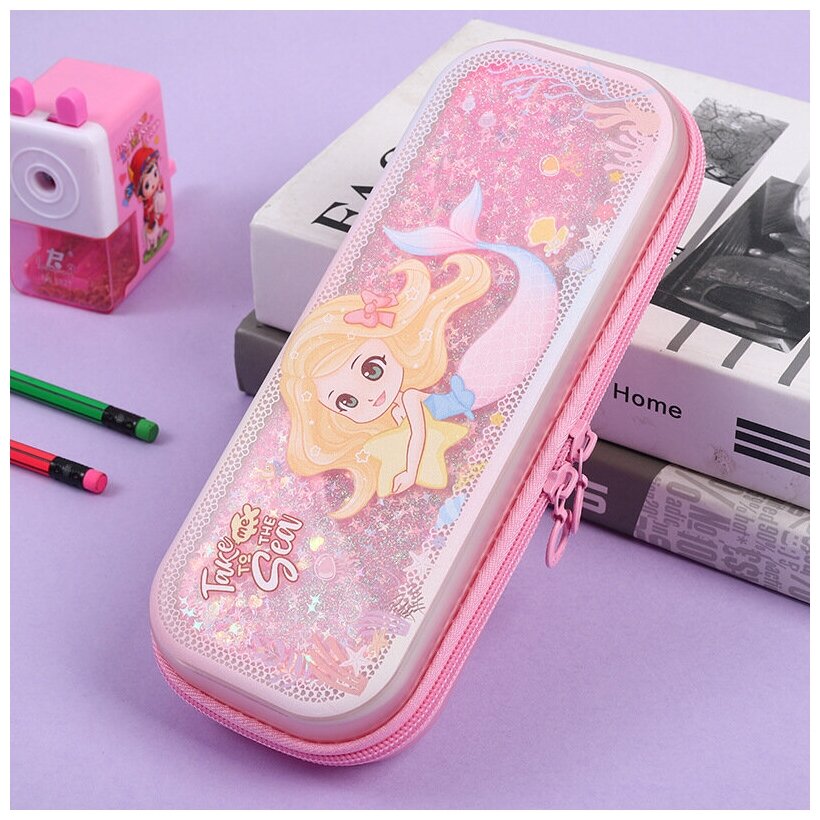 Пенал "Русалочка", для девочки, на молнии, 3 отделения, розовый