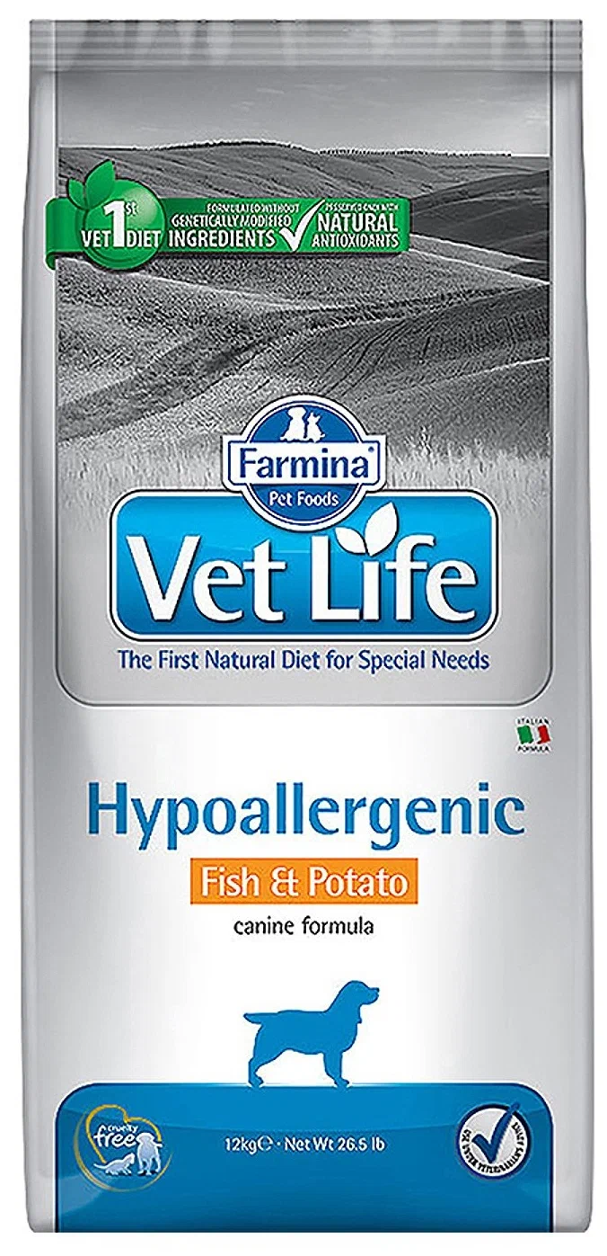 Farmina Vet Life Hypoallergenic Fish & Potato сухой для собак при пищевой аллергии и/или непереносимости с Рыбой и картофелем 12кг