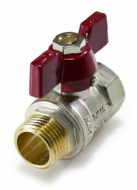 Кран шаровый никелированный серии STANDART 1/2" гайка / штуцер (ручка красная бабочка) TIM BV204-2N