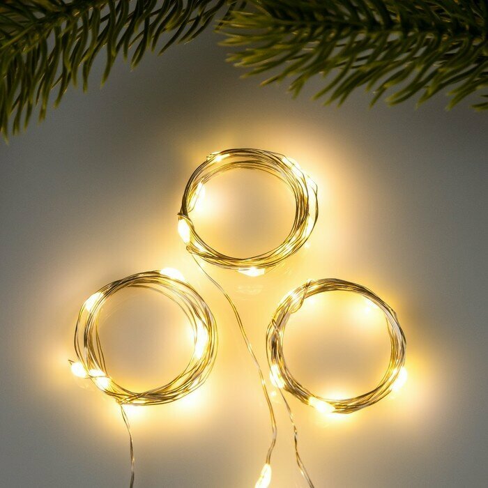 Luazon Lighting Набор гирлянд «Нить» 1 м роса, IP20, серебристая нить, 10 LED, свечение тёплое белое, 3 режима, батарейки AG13х3 (в комплекте), 5 шт.