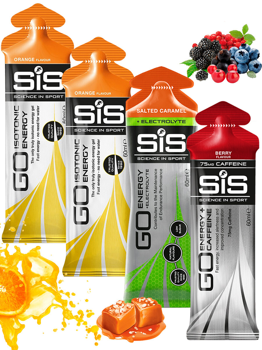 Гель питьевой SCIENCE IN SPORT (SiS) GO Energy MIX-31 4 x 60 мл, Соленая карамель, Ягоды, Апельсин