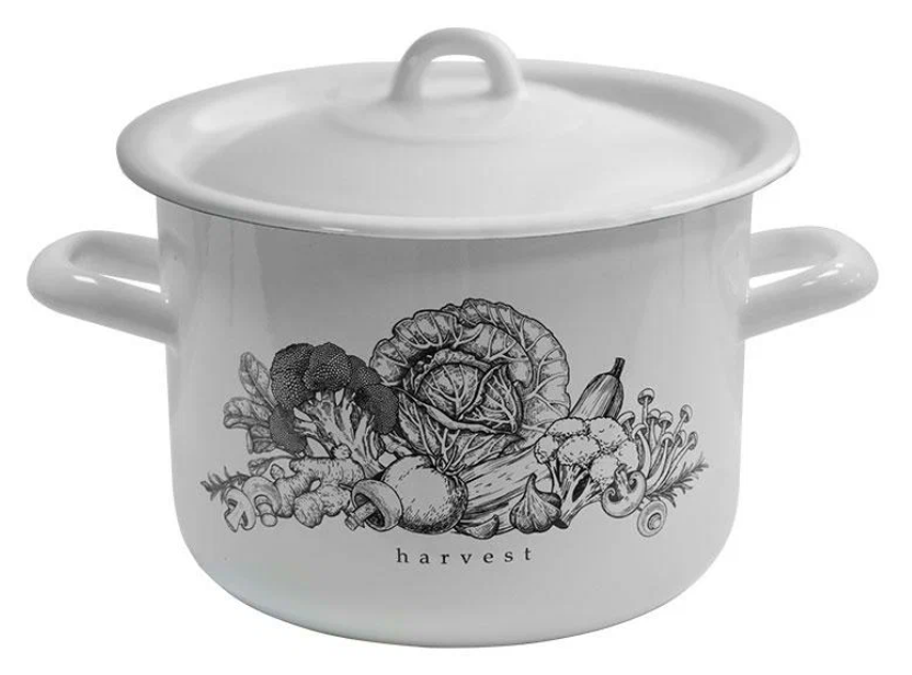Кастрюля эмалированная Лысьвенские эмали Harvest с крышкой белая 6л / для всех видов плит