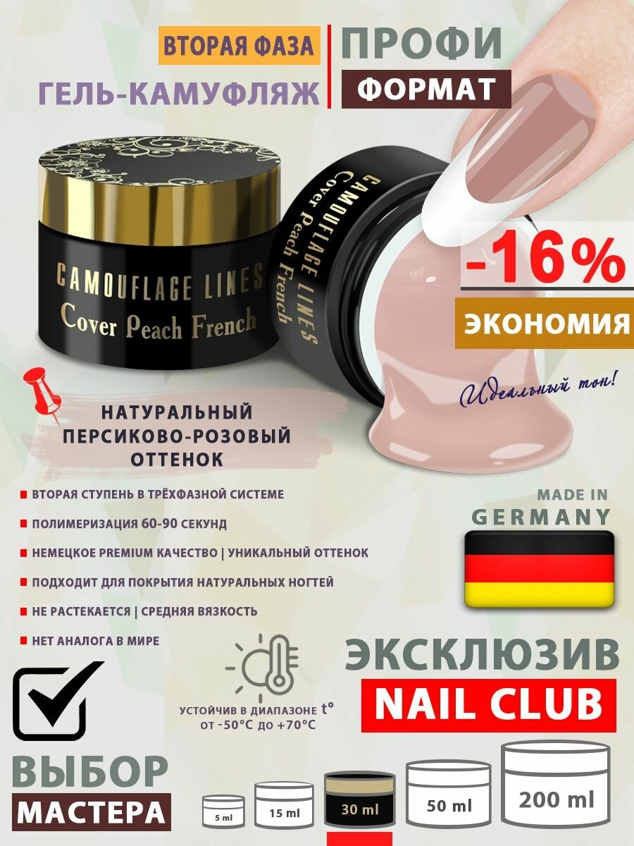 Камуфлирующий гель для ногтей CAMOUFLAGE LINES Cover Peach French, 30 мл